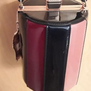 Bags | Barrel Studded Flapper Purse Red Pink Black Nwt | Poshmark